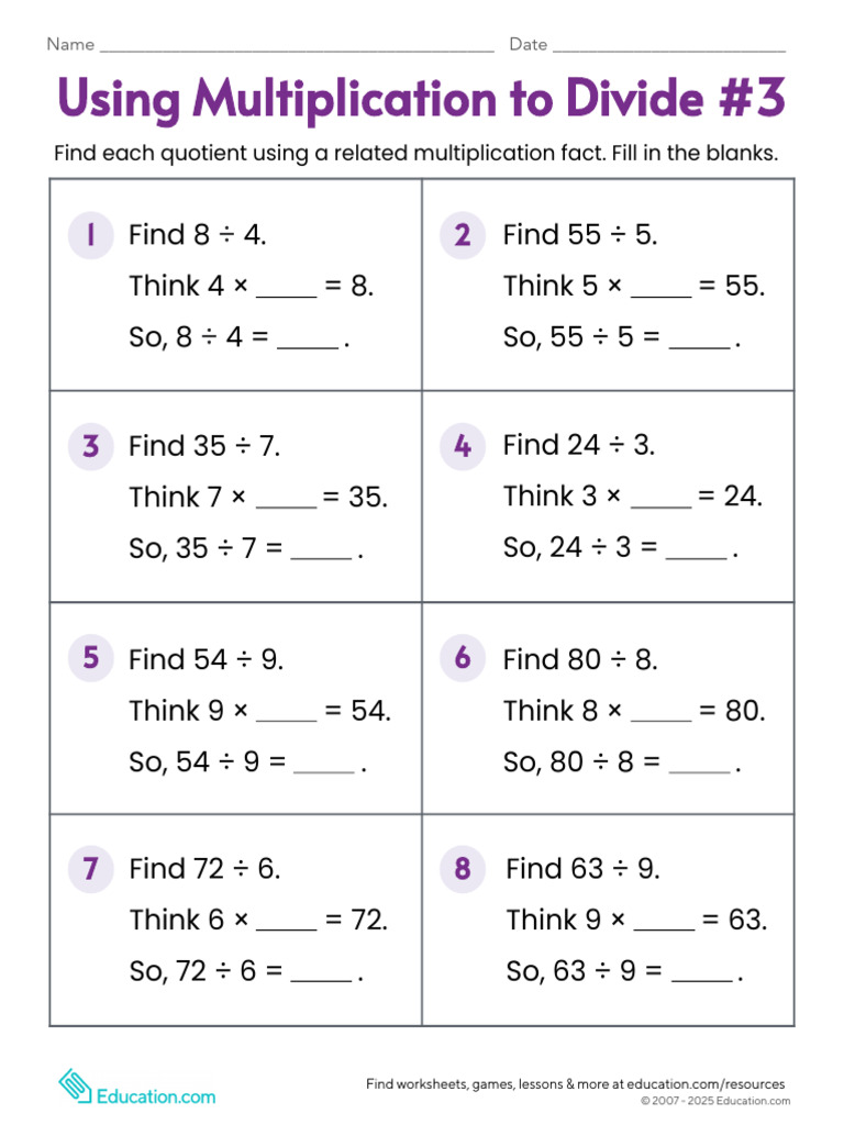Division Worksheets Using Multiplication | PDF