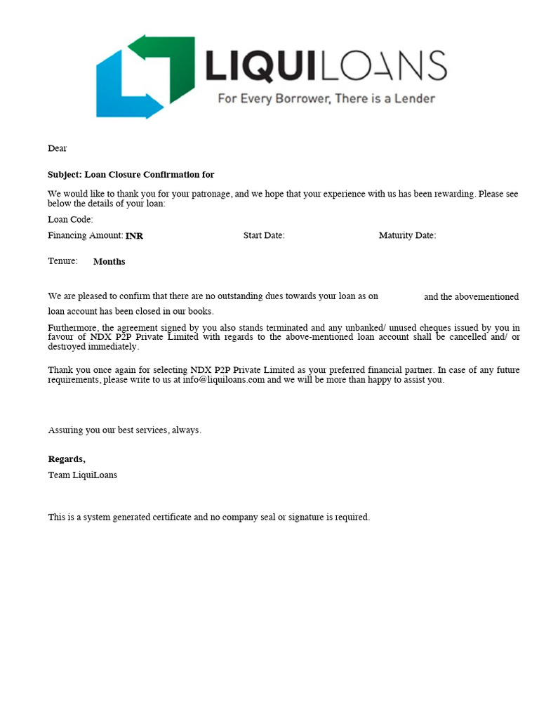 Subject: Loan Closure Confirmation For: Months | PDF
