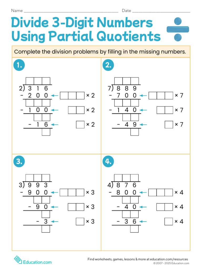Divide 3 Digit Numbers Using Partial Quotients | PDF