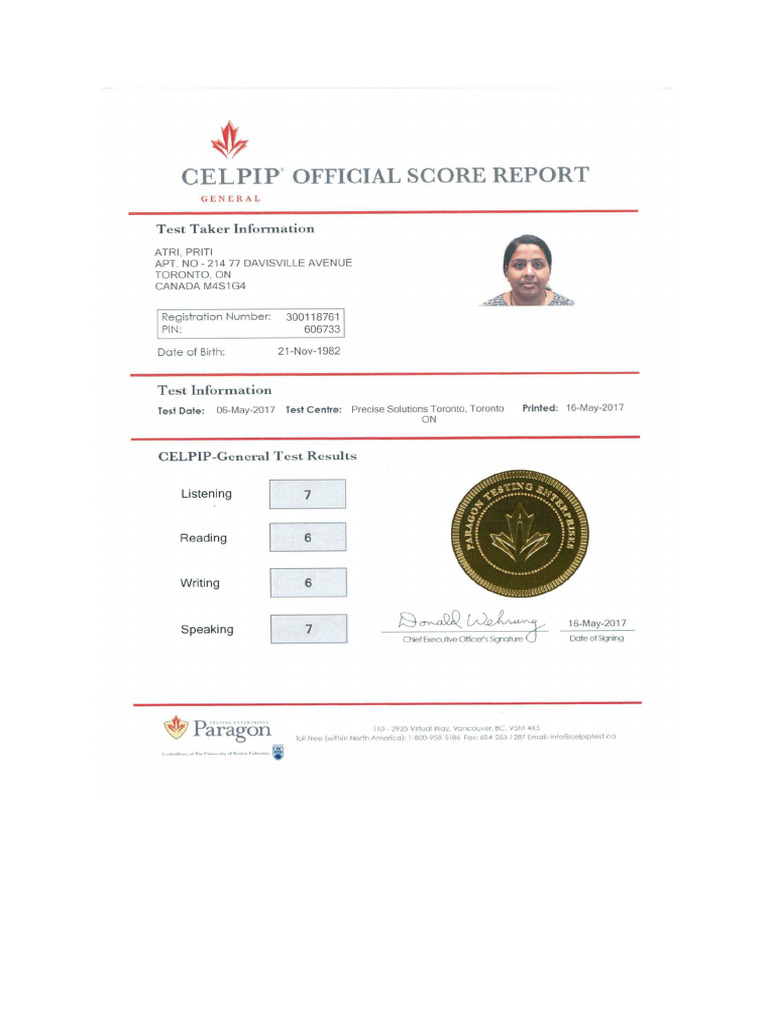 Celpip Score - Priti Atri | PDF