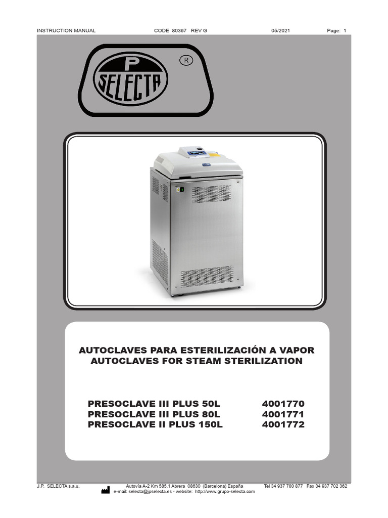 Manual de Autoclave Selecta 80367 | PDF | Vapor | Termostato