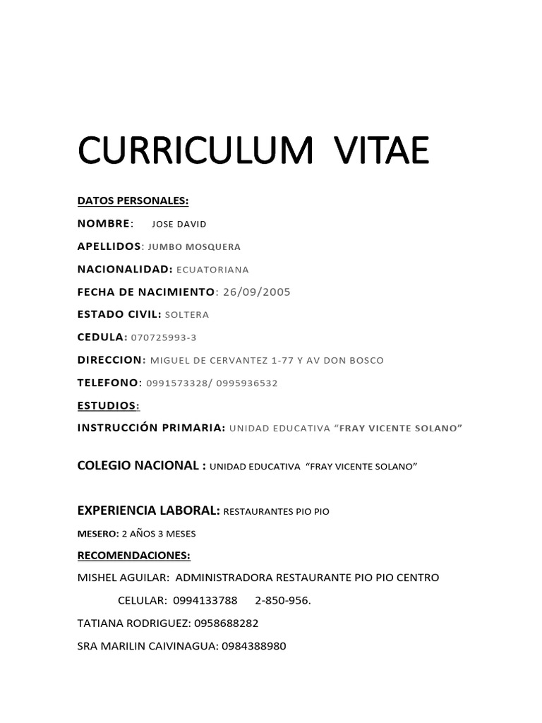 Curriculum Vitae de Jose David Jumbo | PDF