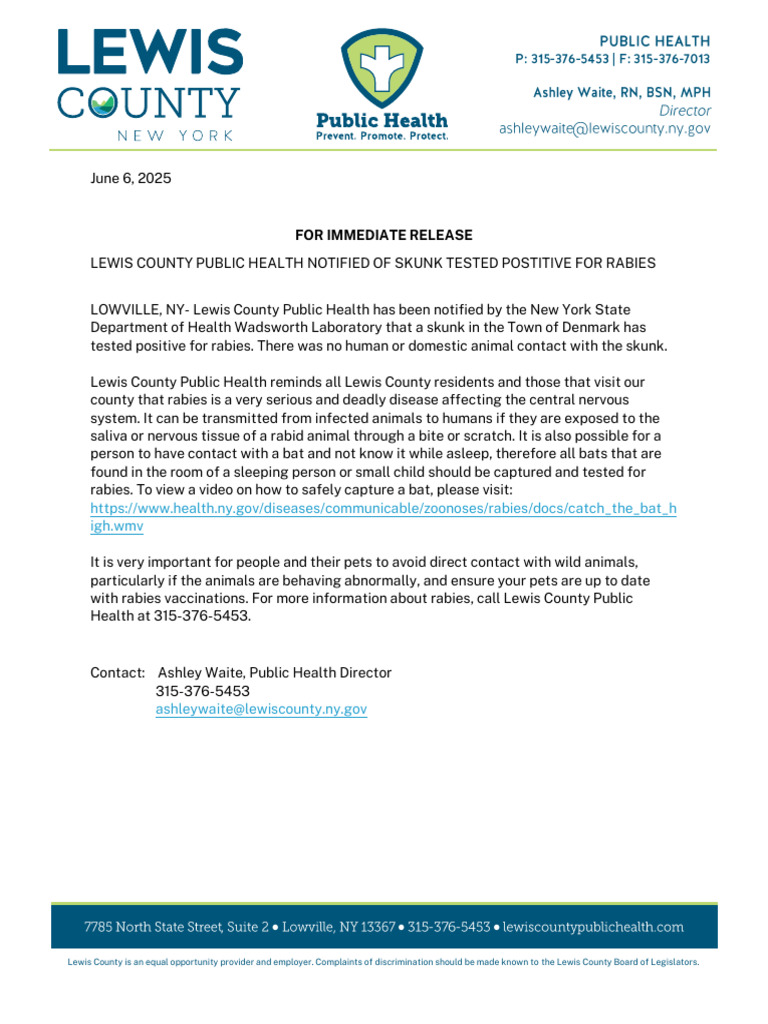 Skunk in Town of Denmark Tests Positive For Rabies | PDF