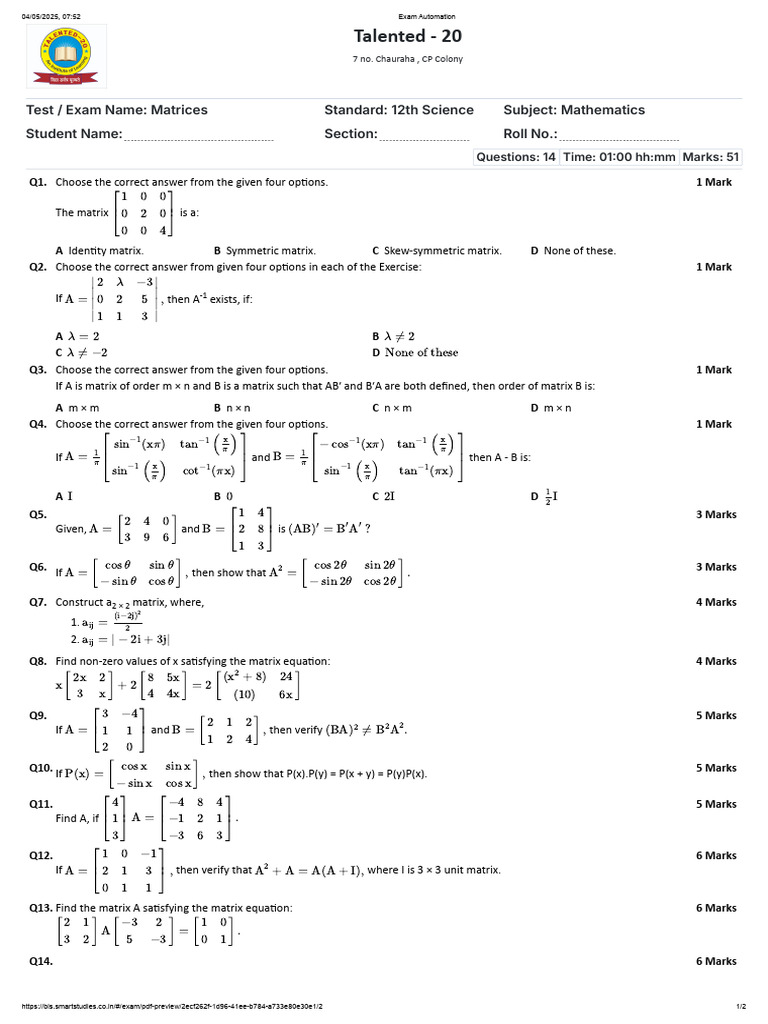 Matrices 452025 | PDF | Matrix (Mathematics) | Mathematical Objects
