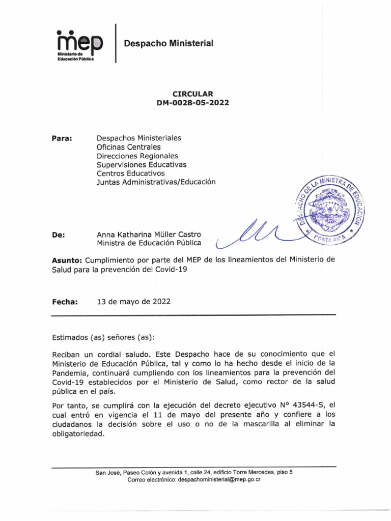 Circular DM-0028-05-2022 - Cumplimiento de Los Lineamientos Del Ministerio de Salud para La ...