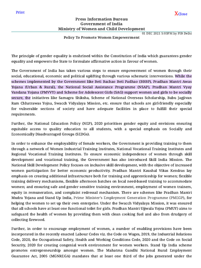 Policy To Promote Women Empowerment | PDF