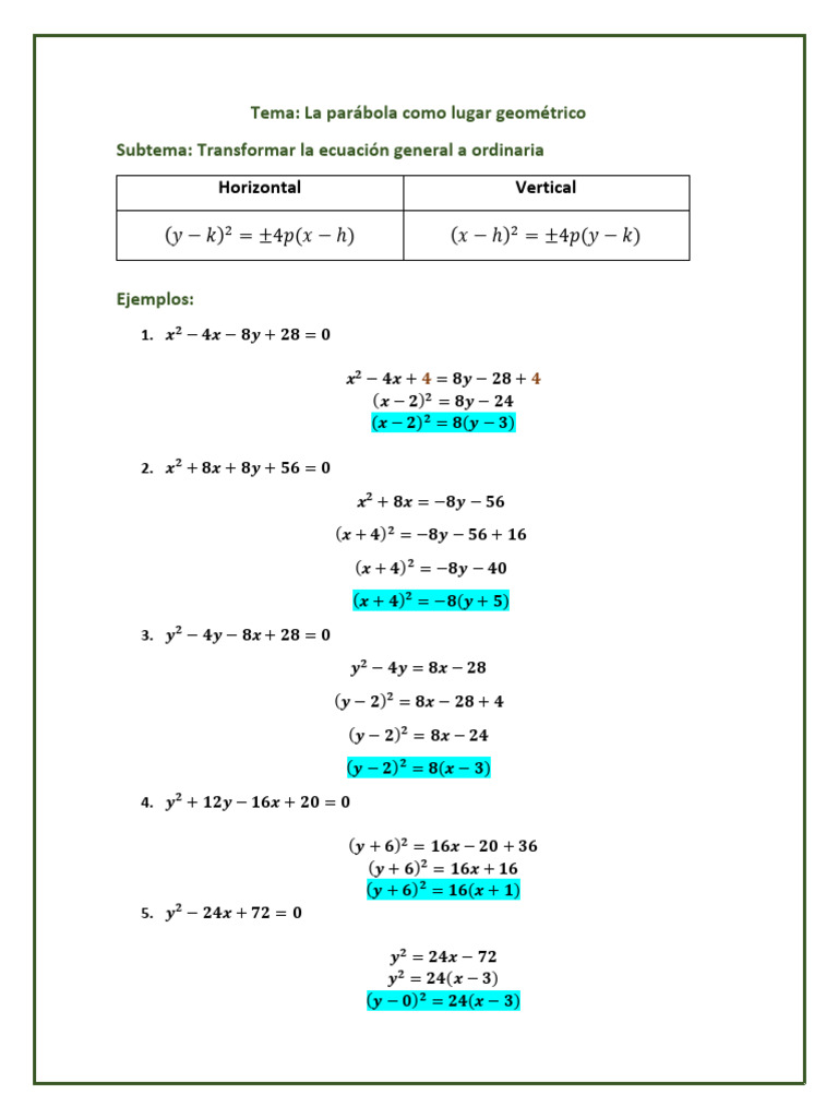 La Parábola - Ecuación General A Ordinaria | PDF