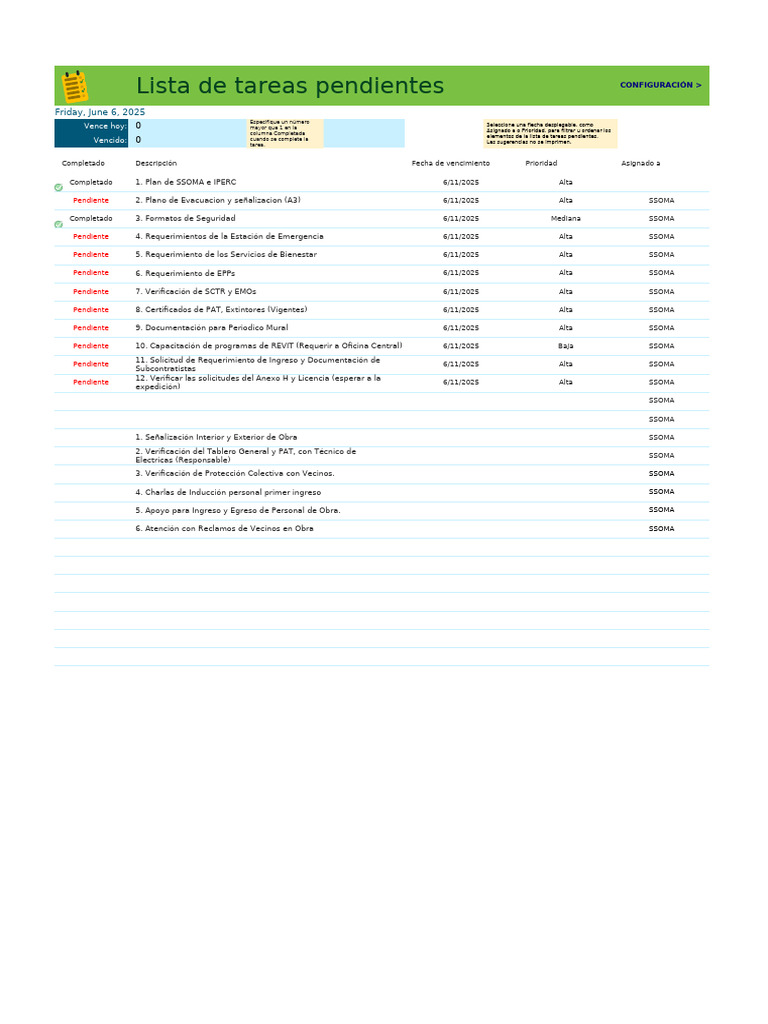 Lista de Pendientes Inico de Obra | PDF