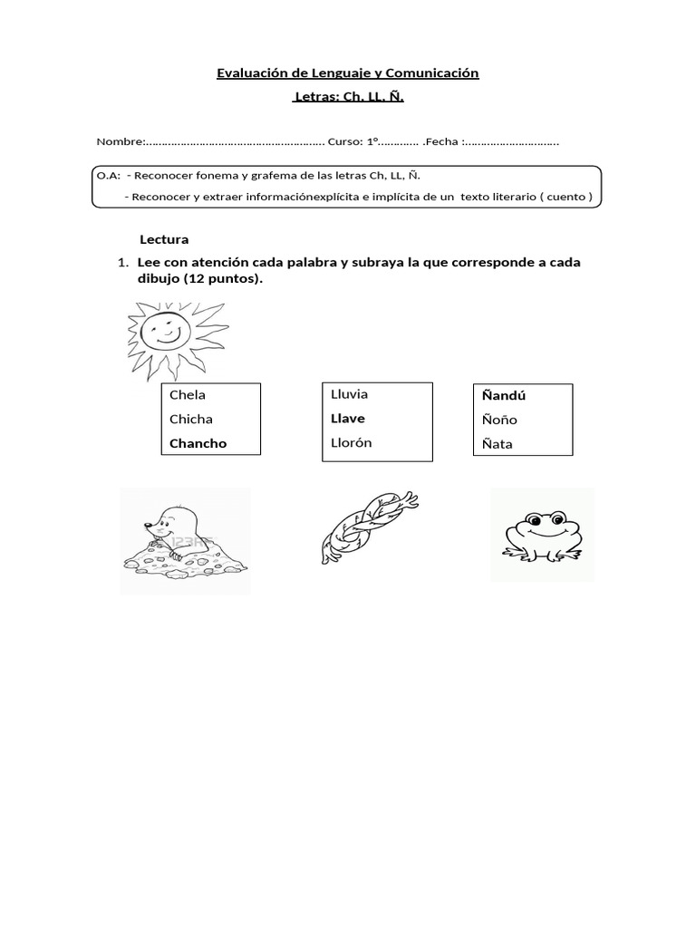 Evaluacion de Lenguaje Letras CH LI N | PDF