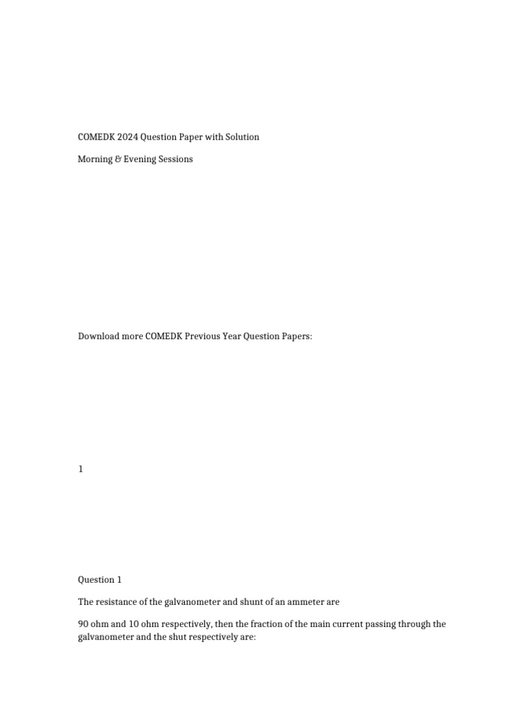 COMEDK 2024 Question Paper No Answers | PDF | Physics | Physical Quantities