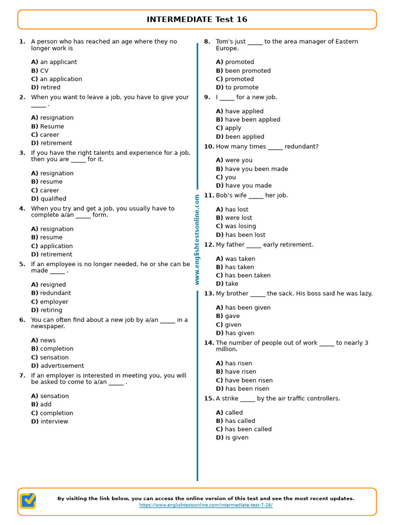 1232 Intermediate Test 16 | PDF
