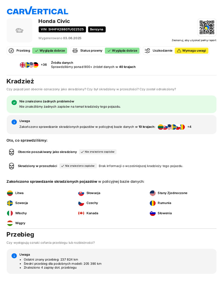 Carvertical - SHHFK28807U022525 | PDF