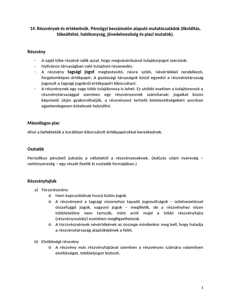 Részvények, Pénzügyi Beszámolón Alapuló Mutatócsaládok de Gi ...