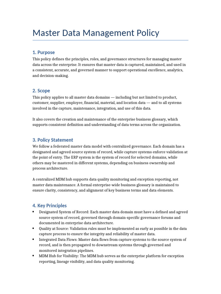 Master Data Management Policy Overview | PDF | Governance | Data Quality