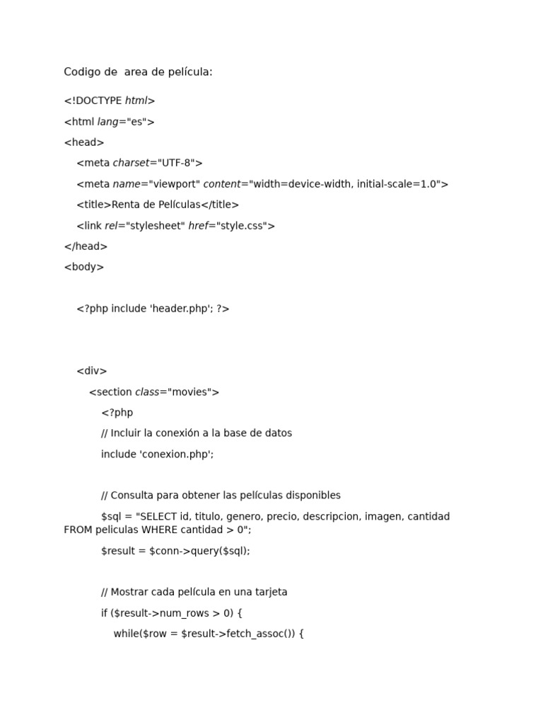 Codigo de Area de Película | PDF | Php | HTML
