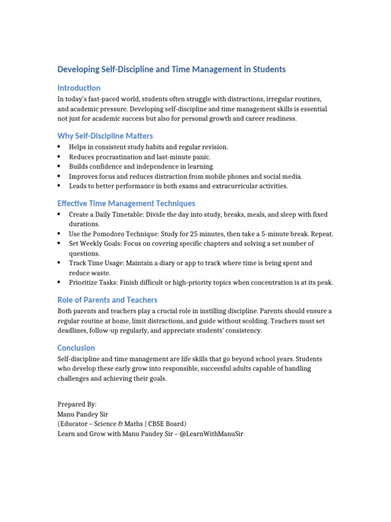 Self Discipline and Time Management Manu Pandey | PDF