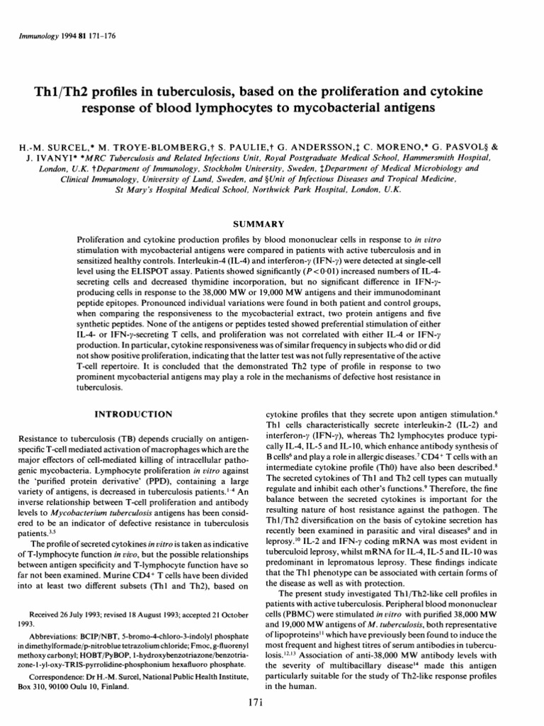 Thl/Th2 Profiles Tuberculosis, Proliferation Cytokine of Blood ...