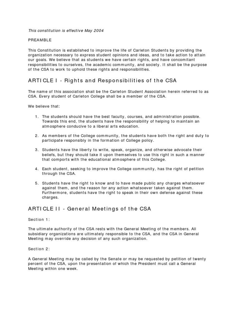 ARTICLE I - Rights and Responsibilities of The CSA: Preamble | PDF ...
