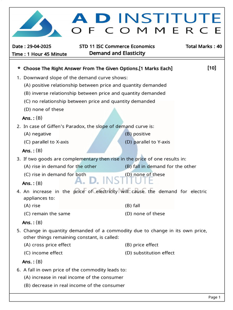 ISC Class 11 Economics Demand Solutions | PDF | Demand | Elasticity ...