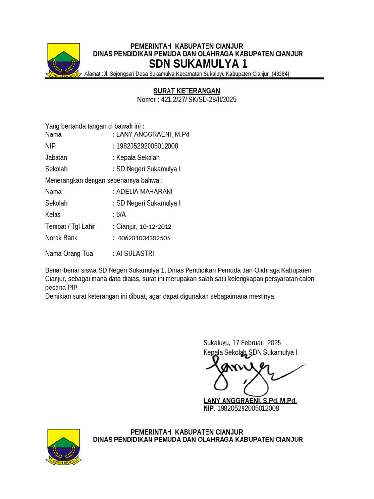 SURAT KET PIP 2024 | PDF