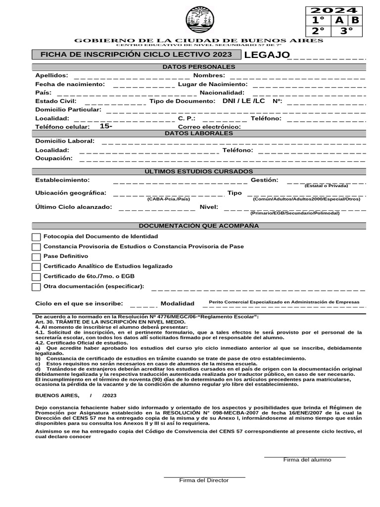 Inscripción CENS 57 Buenos Aires 2023 | PDF