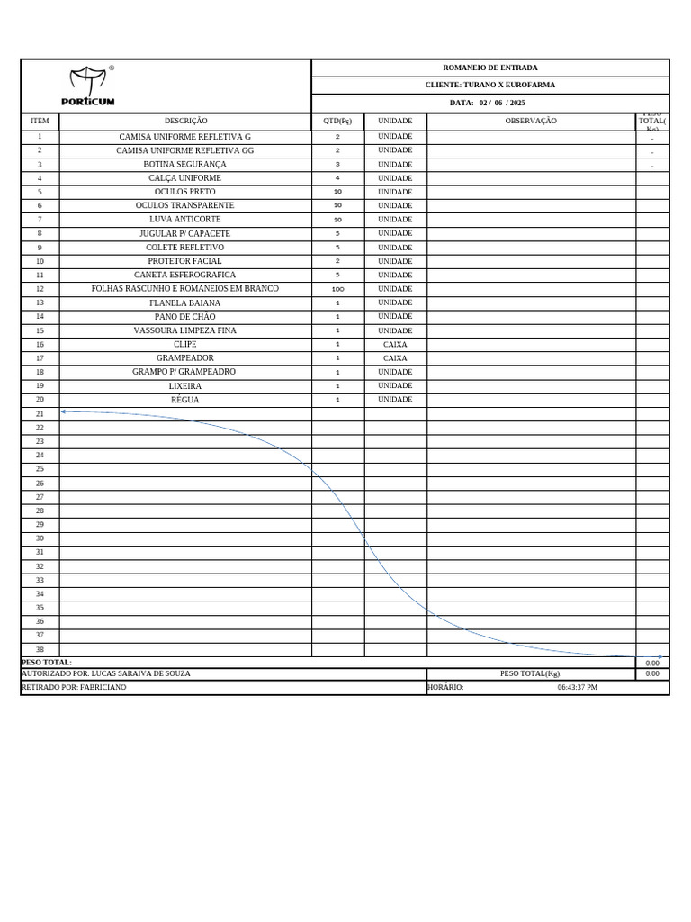 Romaneio Ferramentas - Modelo Digitado | PDF