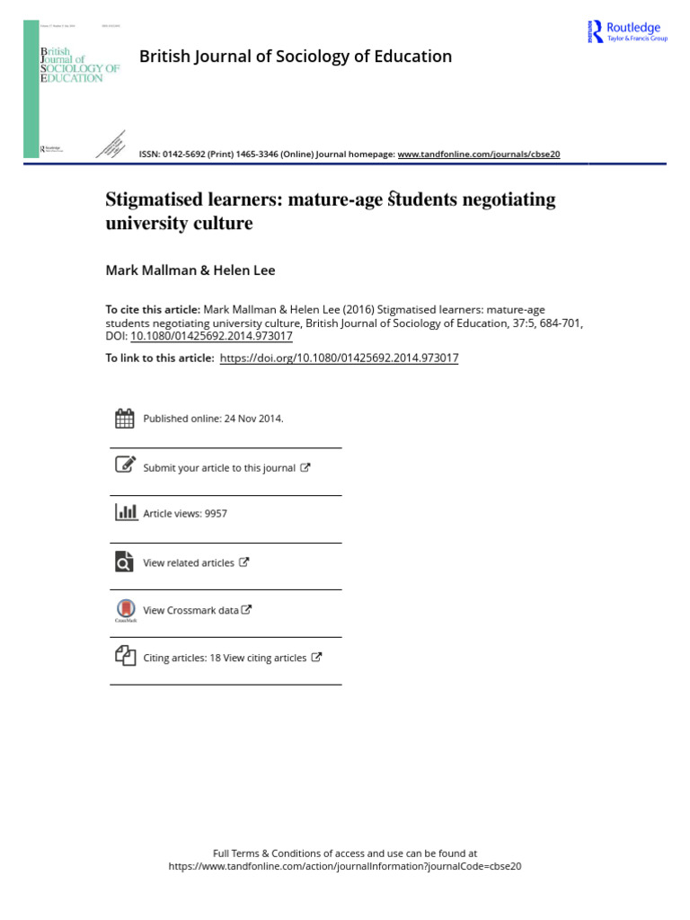 Stigmatised Learners Mature-Age Students Negotiating University Culture ...