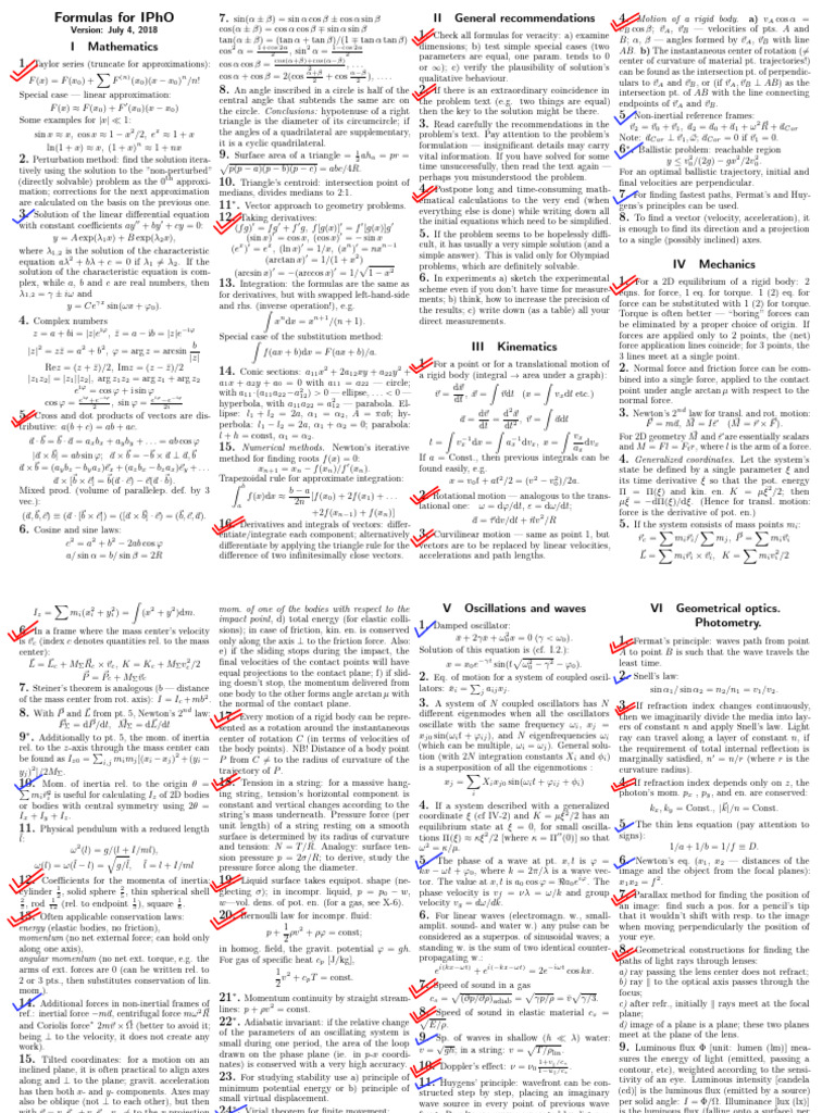 IPhO Formula Sheet Overview | PDF | Equations | Force