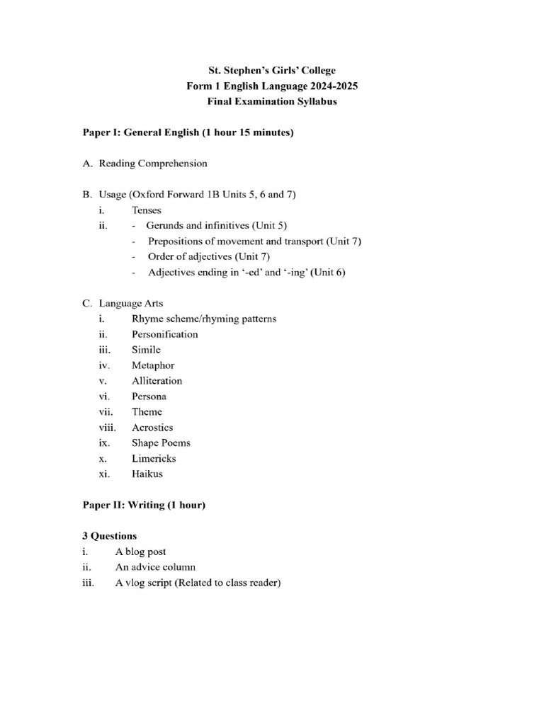 2425 F1 English Language Final Examination Syllabus | PDF