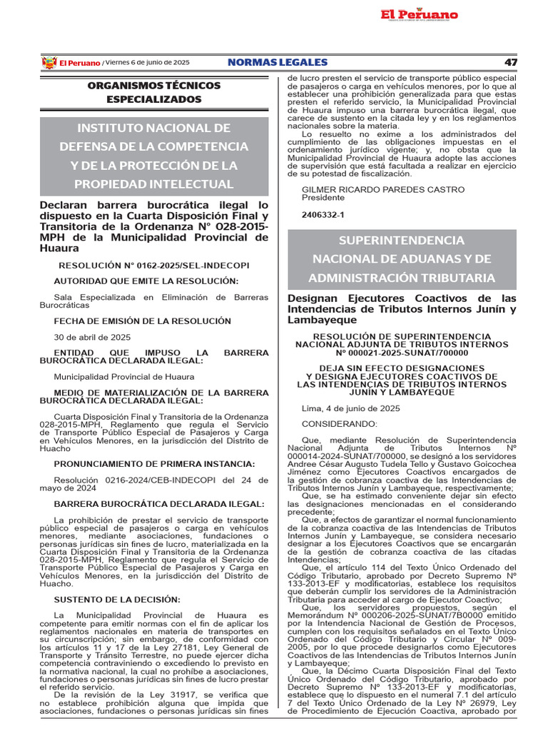 Declaran Barrera Burocrática Ilegal Prohibición Sobre Transporte en Huacho | PDF | Regulación ...