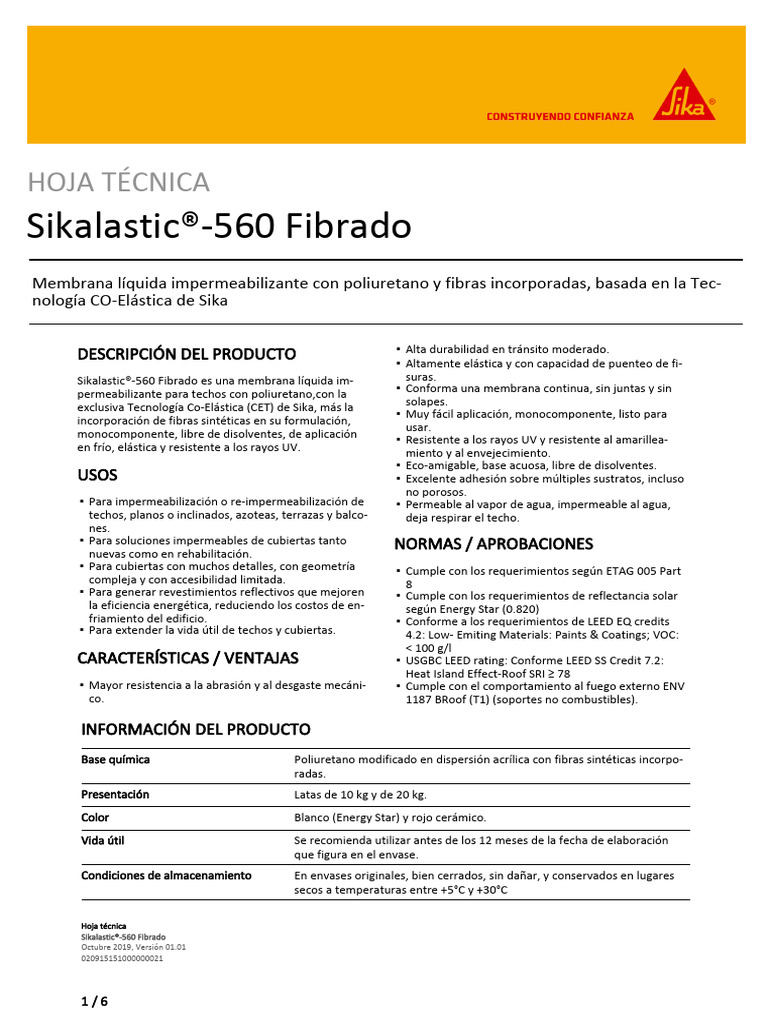 Hoja Técnica Sikalastic®-560 Fibrado | PDF | Materiales