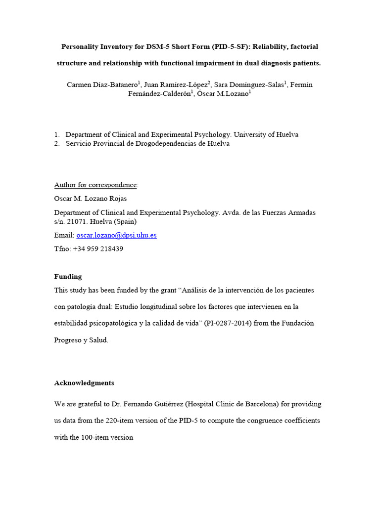 Personality Inventory for DSM-5 Short Form (PID-5-SF) | PDF | Mental ...