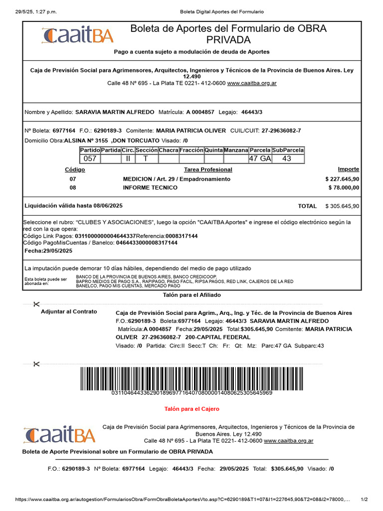 Boleta de Aportes CAAITBA 2025 | PDF | Argentina | Bancario