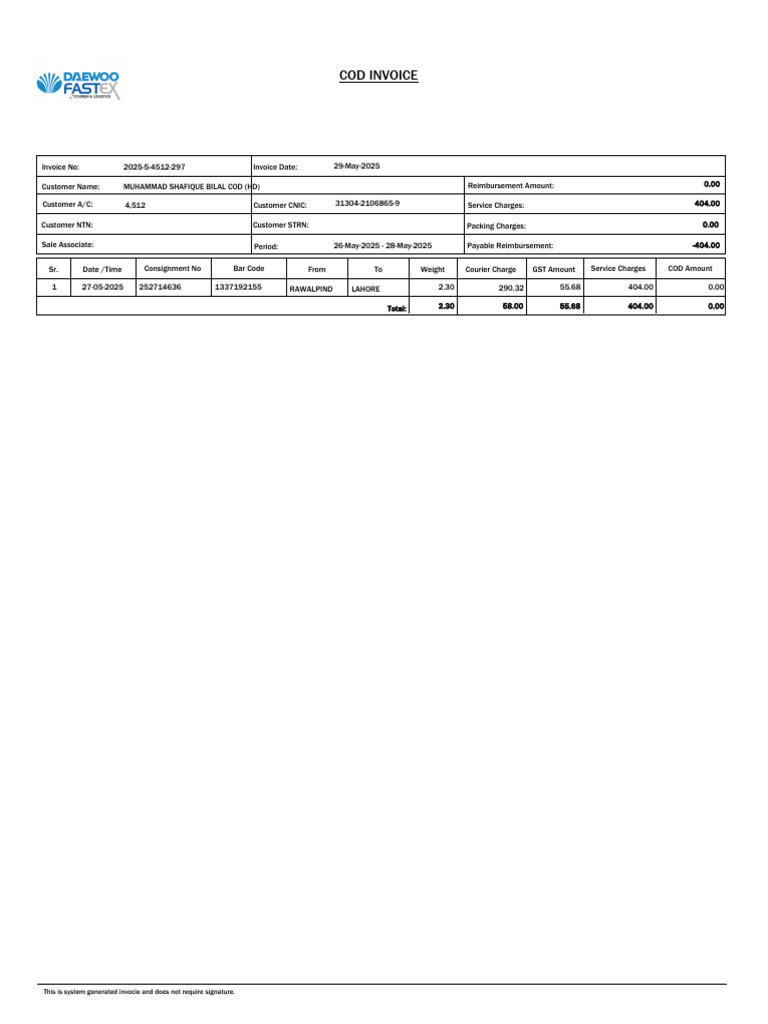 Cod Invoice: This Is System Generated Invocie and Does Not Require ...