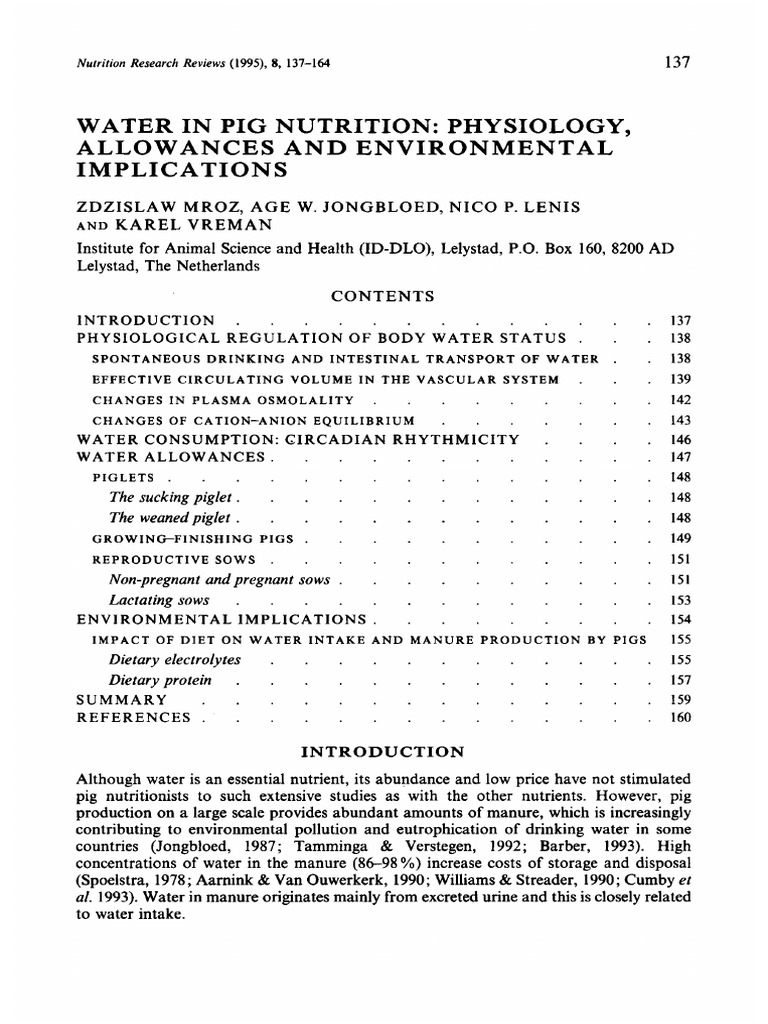 Water in Pig Nutrition - Physiology, Allowances and Eviromental ...