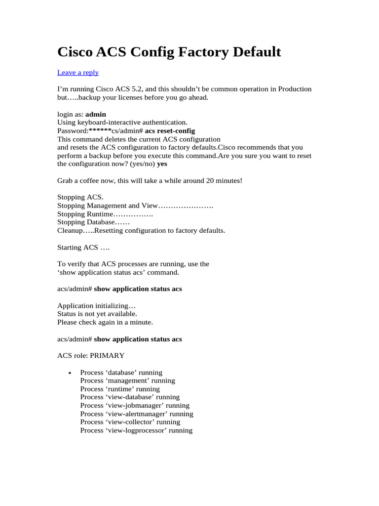 Cisco ACS Config Factory Default | PDF