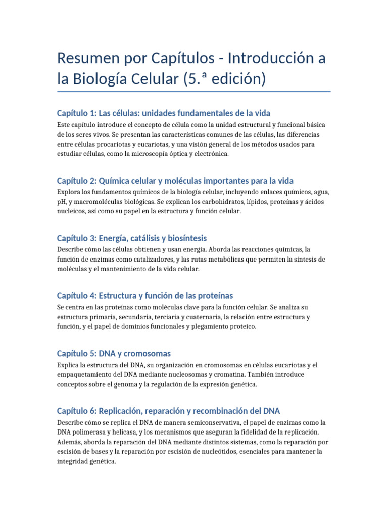 Resumen Biologia Celular Alberts Cap1 A DNA | PDF