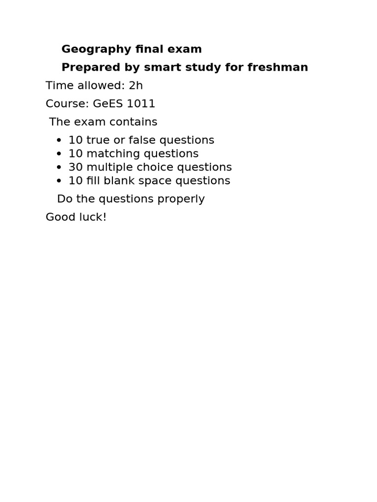 Geography Final Exam (Sample) | PDF | Lake | Ethiopia