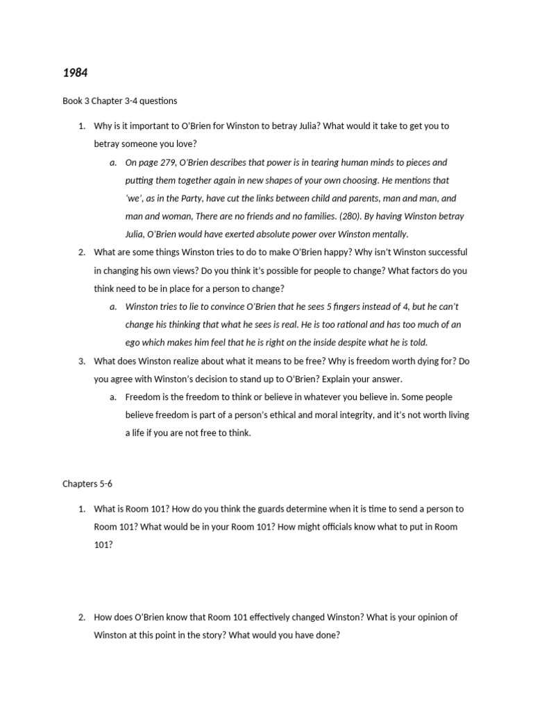 1984 Chapter 3-4 Analysis Questions | PDF