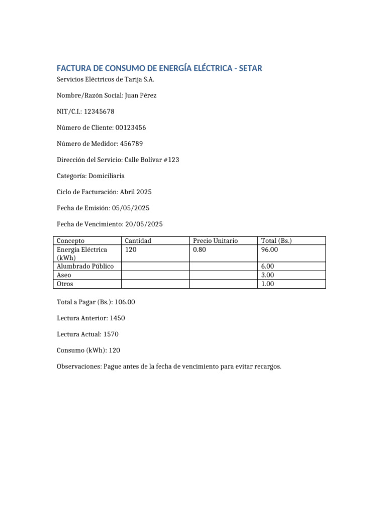 Factura Luz SETAR Tarija | PDF