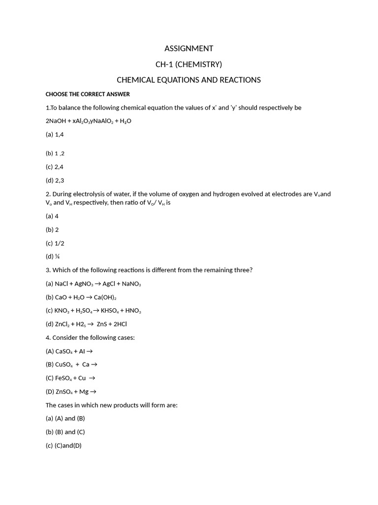 Chemistry Assignment: Chemical Reactions Quiz | PDF | Chemical ...