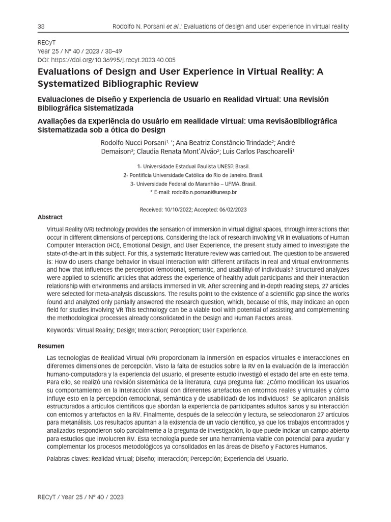 Evaluations of Design and User Experience in Virtual Reality - A Systematized Bibliographic ...
