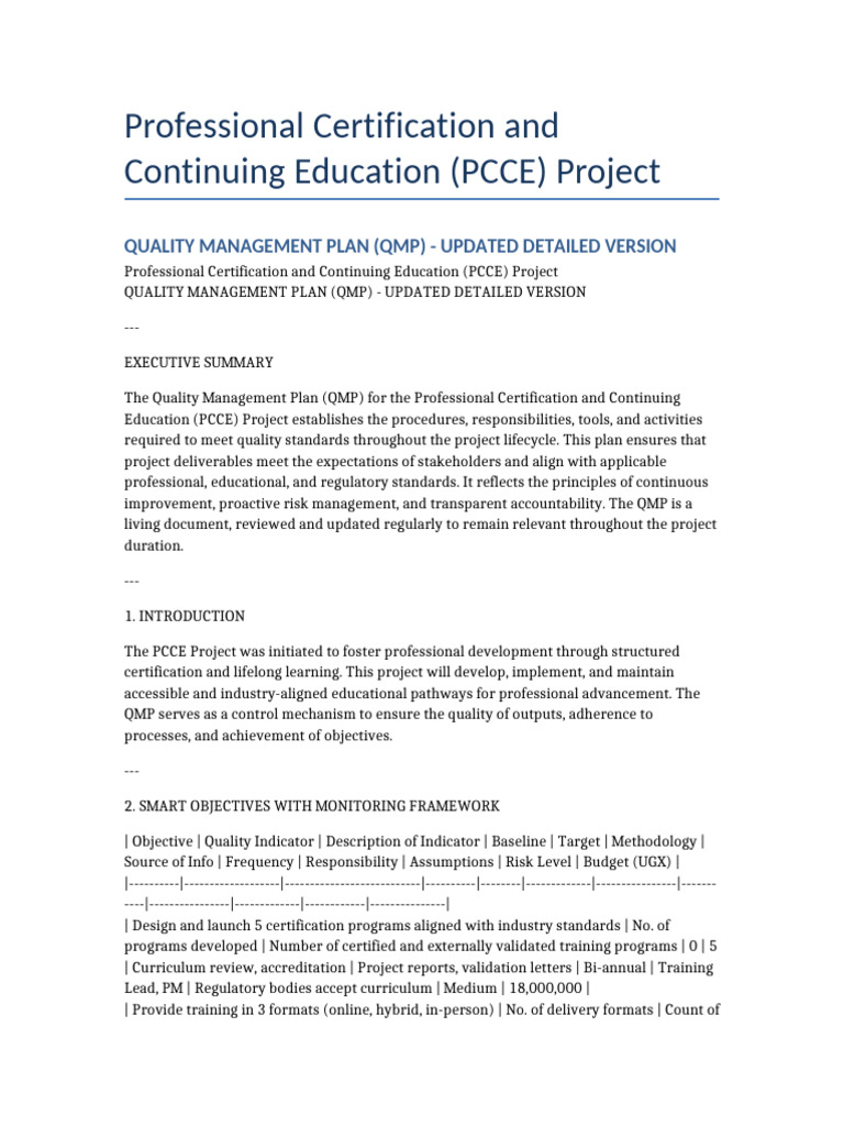 PCCE Full Quality Management Plan | PDF | Quality Management ...