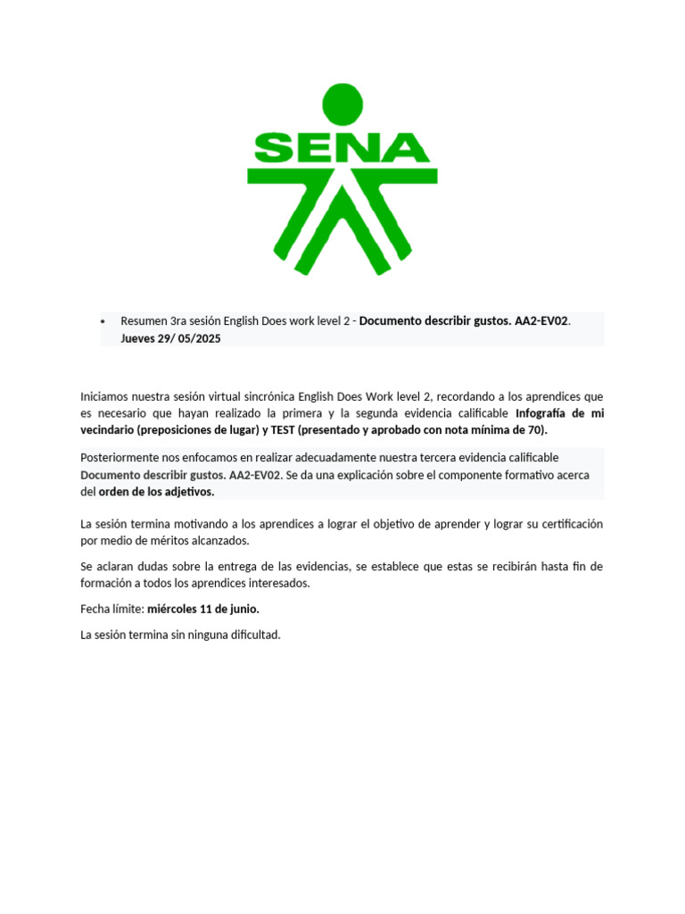 Resumen 3ra Sesión English Does Work Level 2 - Documento Describir Gustos. AA2-EV02 - Jueves 29 ...