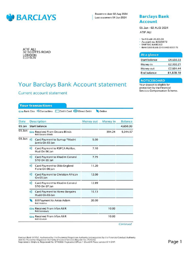 Barclays Bank Account Statement Summary | PDF | Financial Technology ...