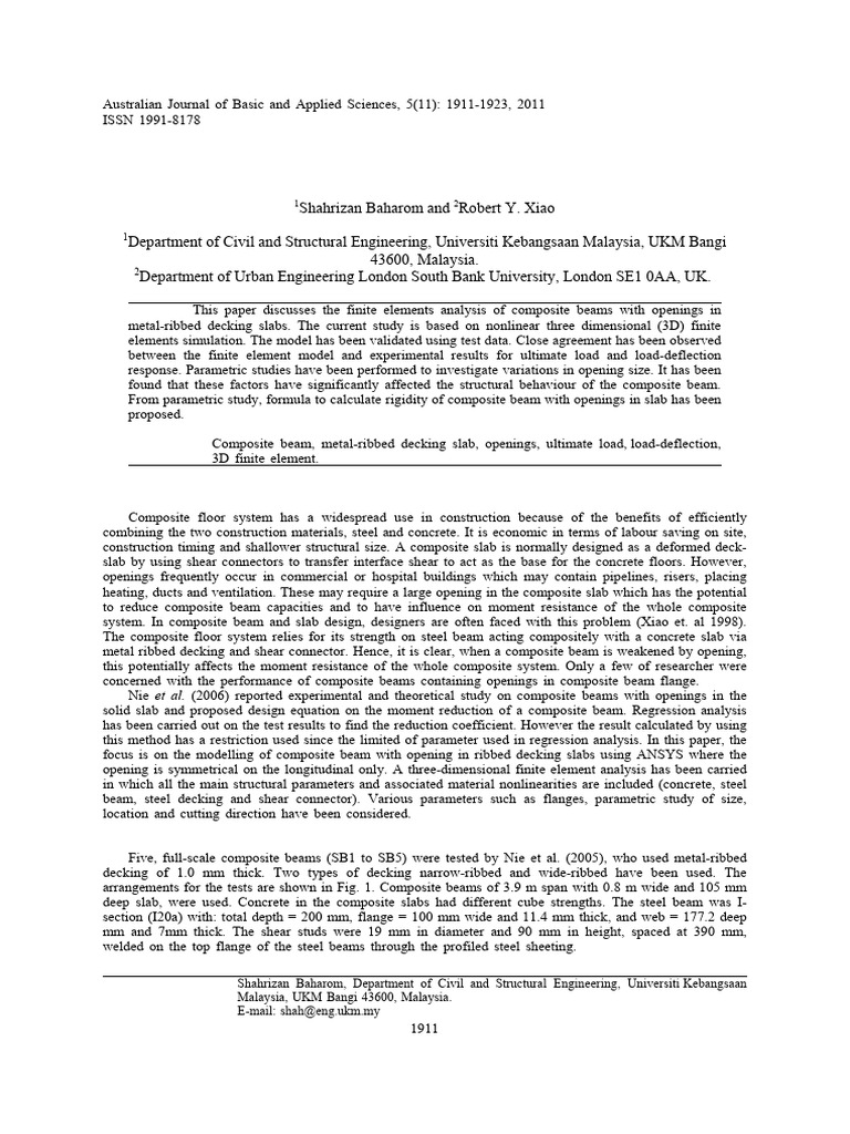 Finite Element Analysis of Composite Beam With Opening in Metal-Ribbed Decking Slab | PDF ...