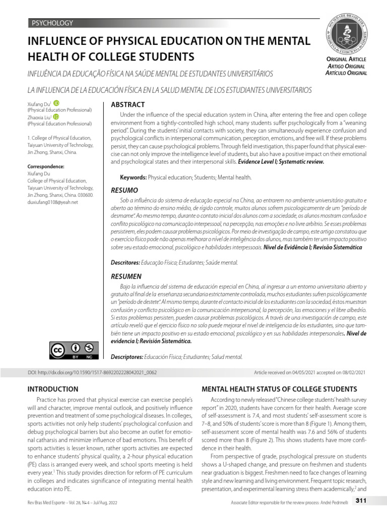 Influence of Physical Education On The Mental Health of College ...