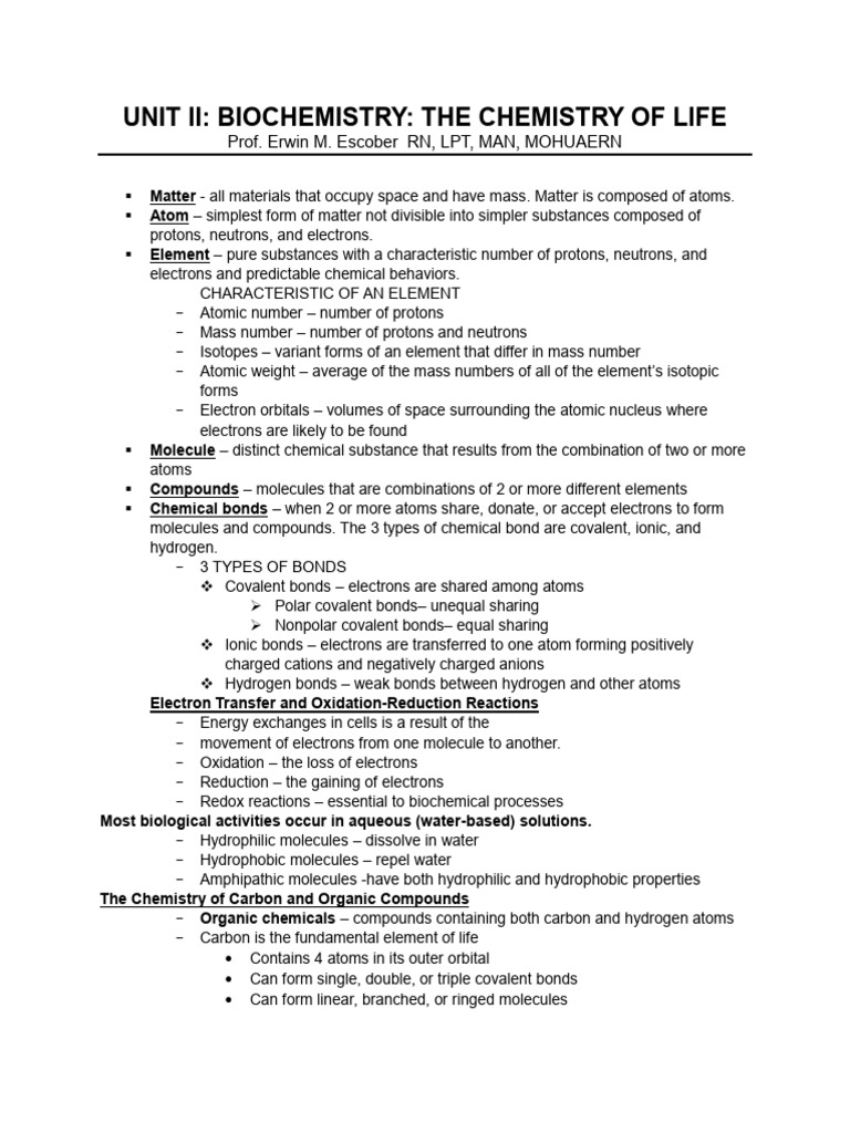 Unit II Biochemistry of Life | PDF | Chemical Bond | Chemistry