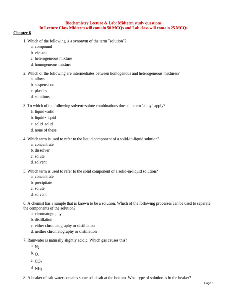 Biochemistry Lecture and Lab MIterm Study Questions Chapt-1 To 6 | PDF ...