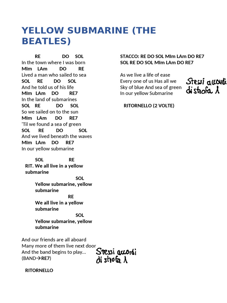 Yellow Submarine Lyrics and Chords | PDF